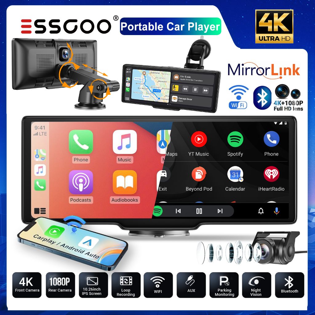 ESSGOO 【XGODY】 10.26’’ INCH Portable Car Player 4K & 1080P Dual Record ...