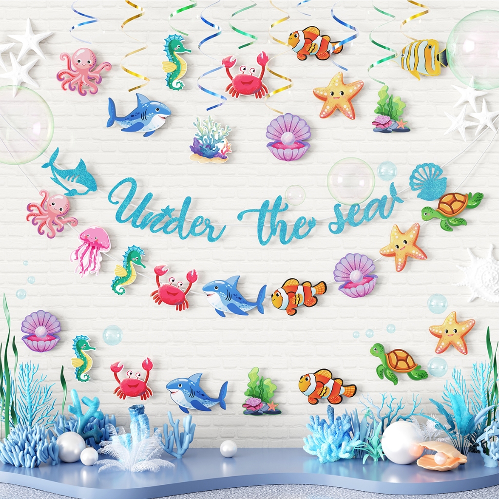20pcs/set Ocean Animal Party Underwater Decoration Birthday Flag ...