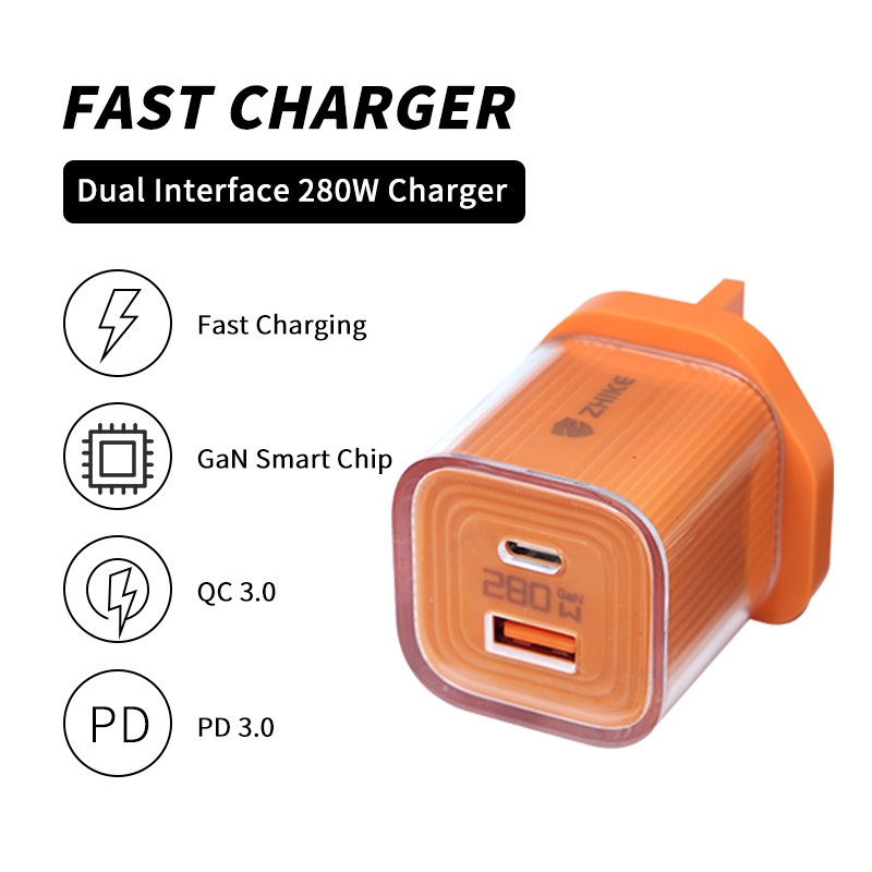 ZHIKE Pengecas Fast Charger USB A Type C 280W Ice Crystal GaN Adapter ...