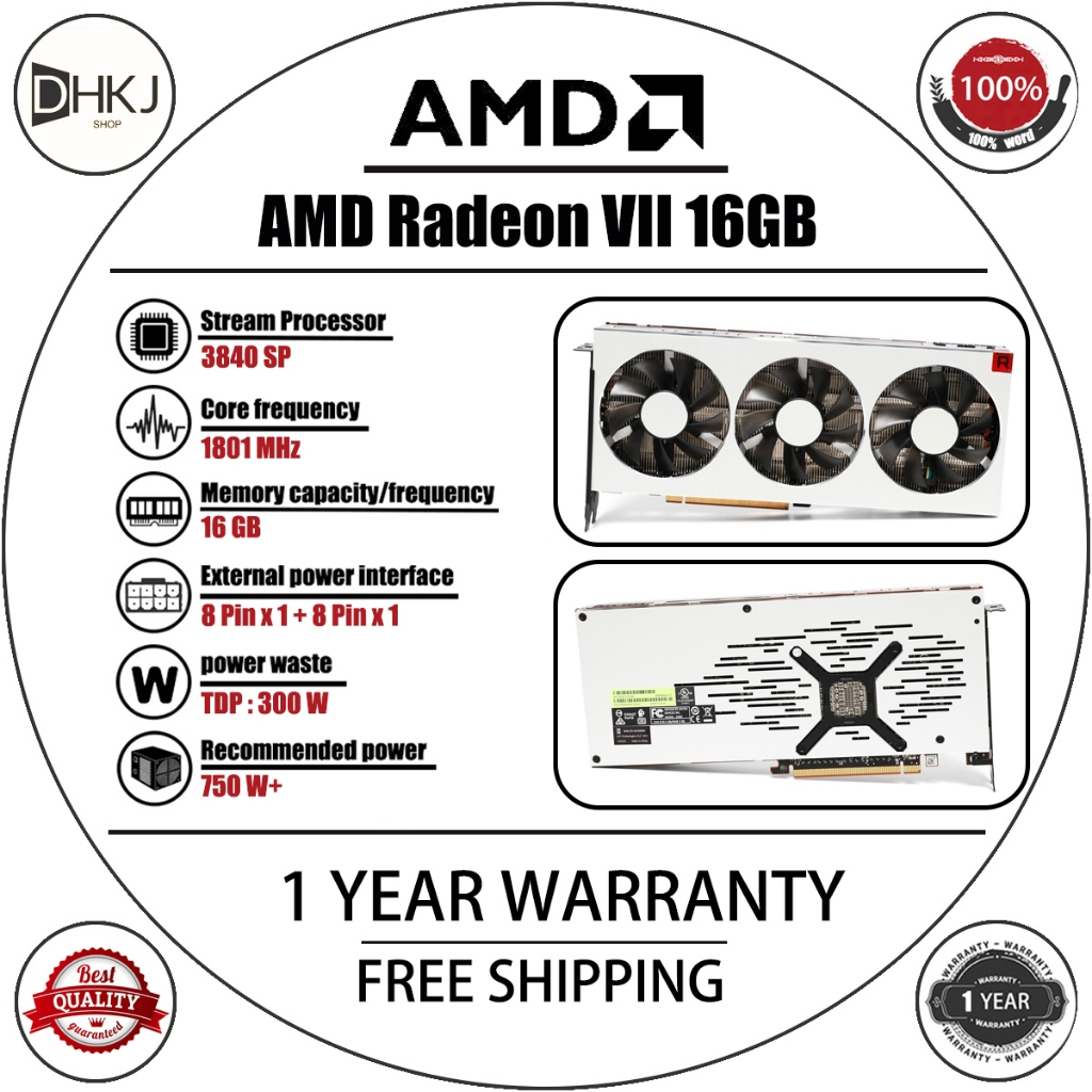 USED AMD Radeon VII 16G Graphics Card 3840SP 1801MHz GDDR6 16GB 4096bit 1000MHz 1 Year Warranty ...