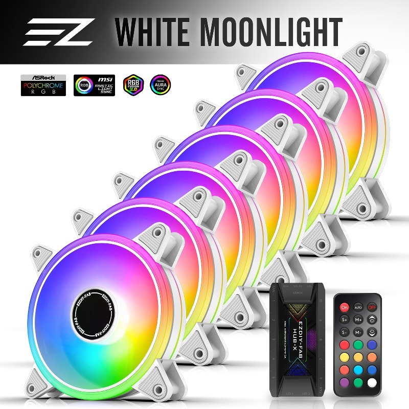 EZDIY-FAB White Moonlight 120mm ARGB Case Fan with Fan Hub and Remote ...
