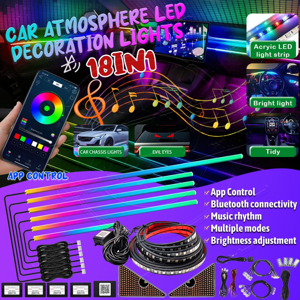 18 in1 Car Ambient Light Symphony DIY Car Decoration Light LED Acrylic ...