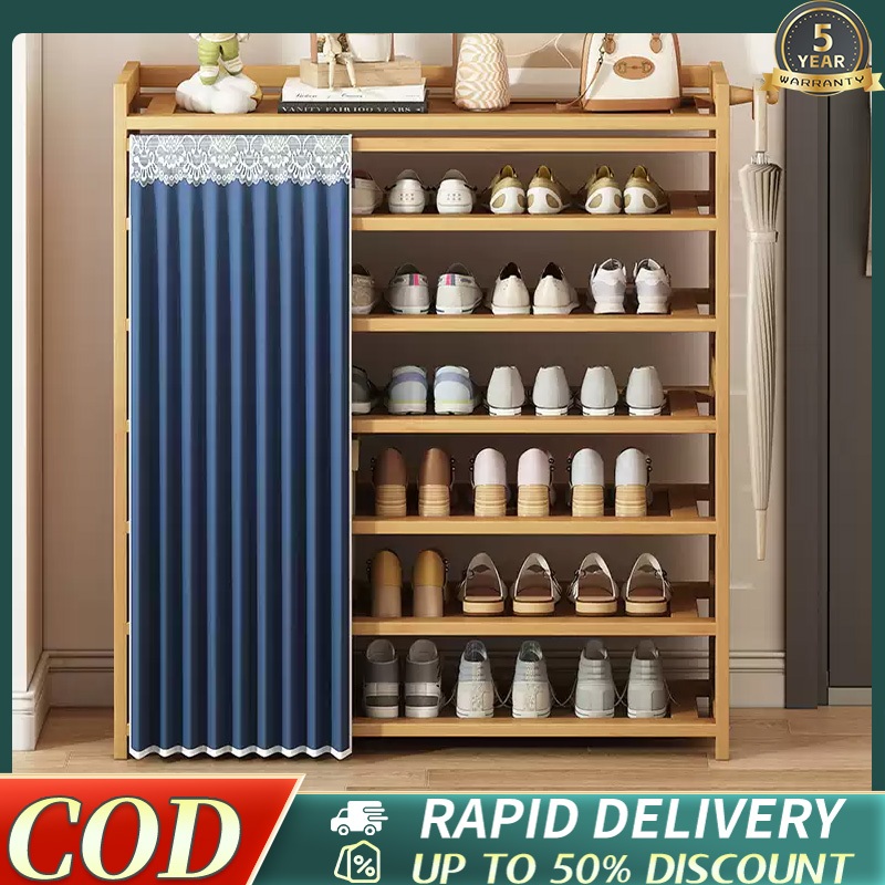 Shoe Rack Shoe Cabinet With Curtain rak kasut kayu 5/6/7/8 Layers Shoe ...