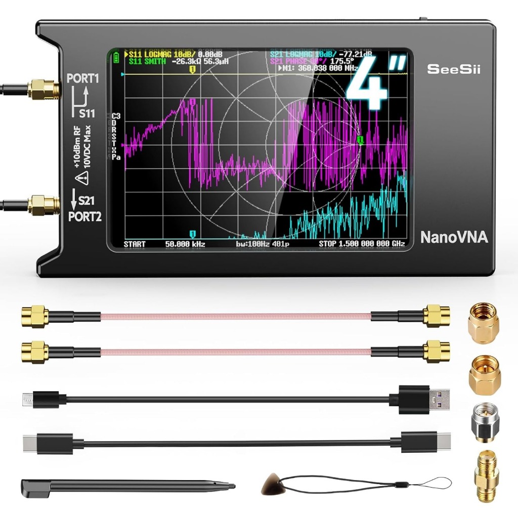 SEESII Upgraded NanoVNA-H4 Vector Network Analyzer | V4.3, 10KHz-1.5GHz | 4" Touch Screen | HF ...