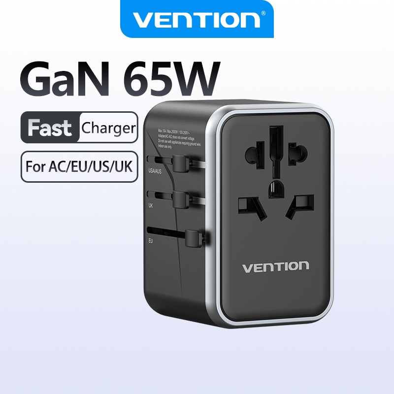 Vention 65W GaN Universal Travel Adapter PD 20W All in One Worldwide ...