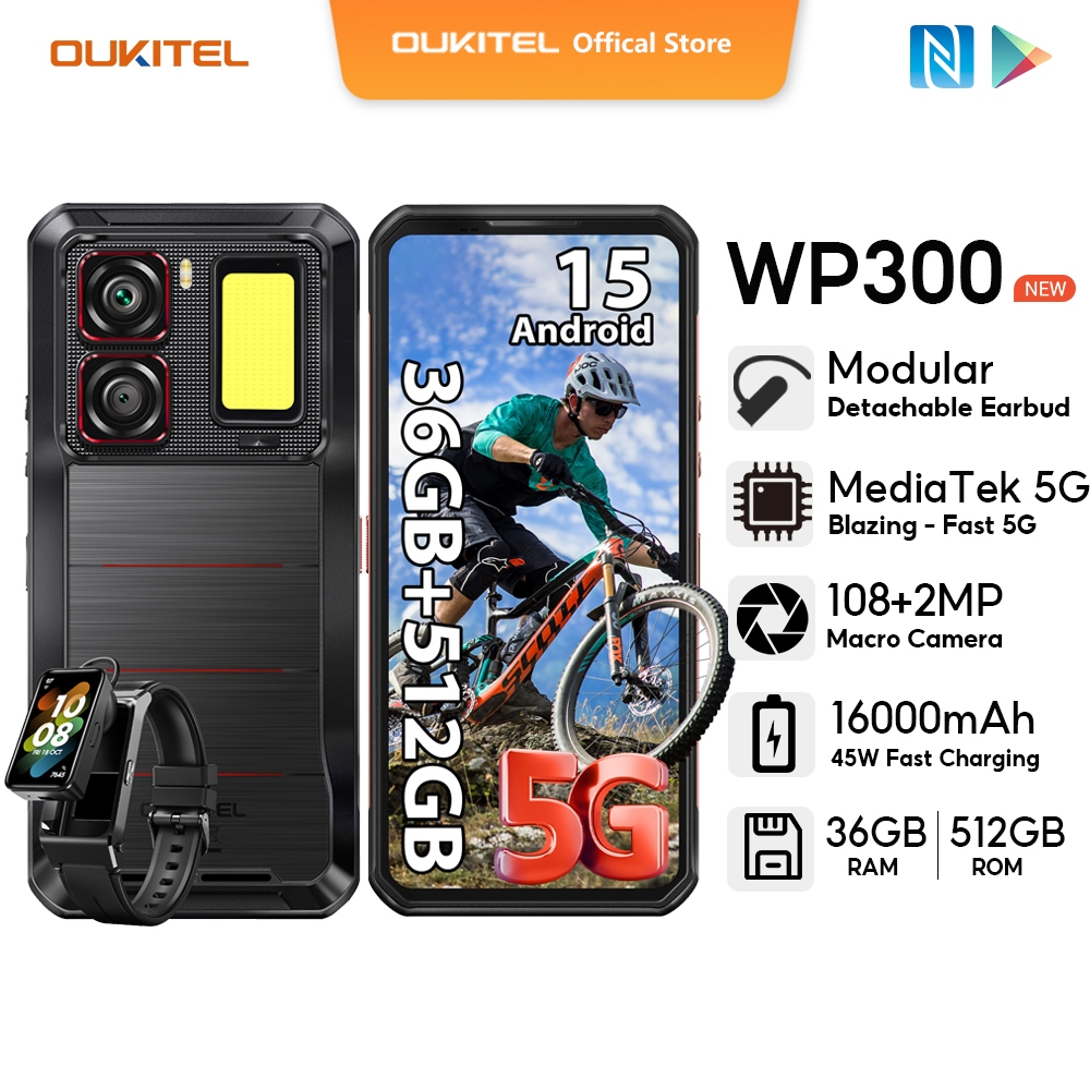 OUKITEL WP300 36GB+512GB 16000mAh Rugged Phone Modular petachable Earbud/camping Light 6.78" FHD ...