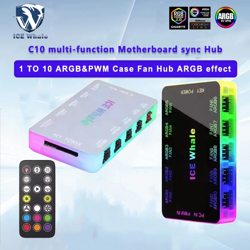 ICE Whale C10 1 to 10 PWM&ARGB Case Fan Hub Splitter 4Pin PWM 3Pin ...