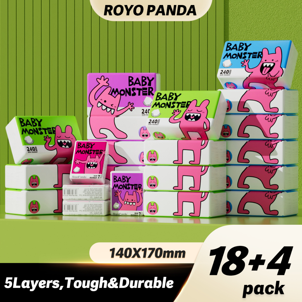 【18+4Packs】RoyoPanda Baby Monster Deluxe Comfort Thick Tissue Paper 5 ...