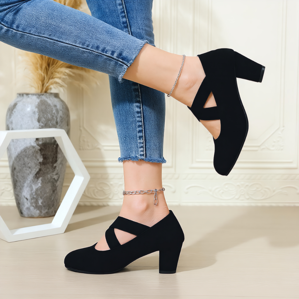 Women's Block Heels with Cross Elastic Straps – 6cm Comfortable Office ...