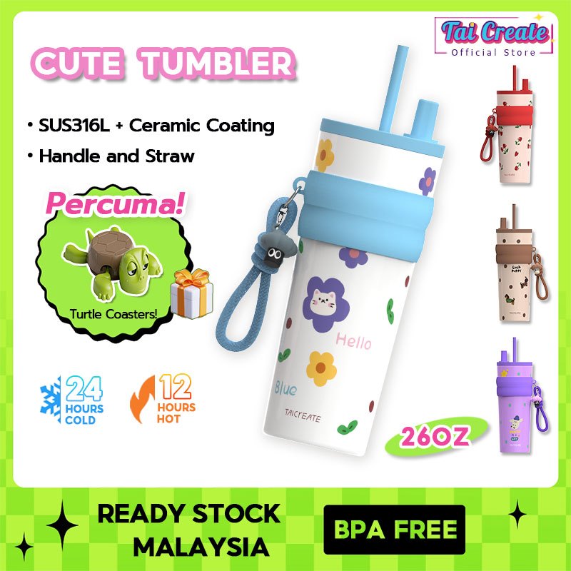 【FREE GIFT】Cute Tumbler with Straw 768ML Thermos Cup SUS316 Ceramic ...