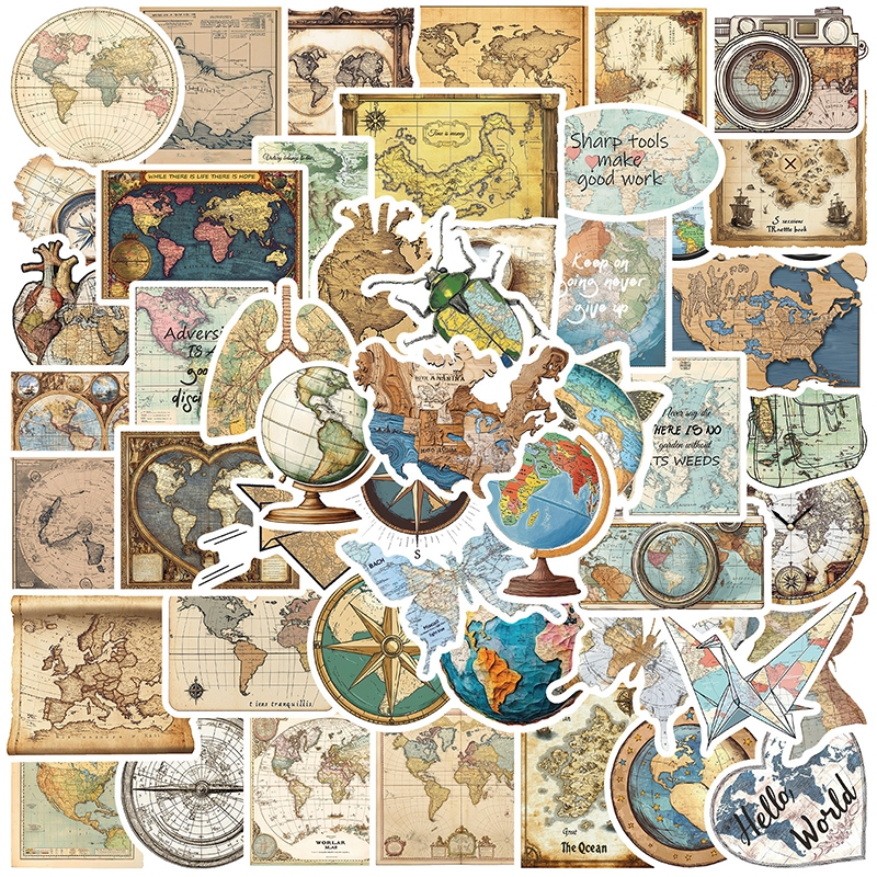 50PCS Vintage Map Graffiti Stickers Student Geography Learning ...