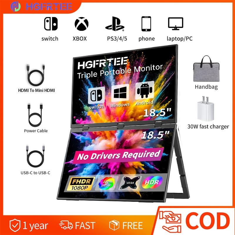 HGFRTEE Folding Monitor Dual Portable Display Built-in Stand 18.5 Inch ...