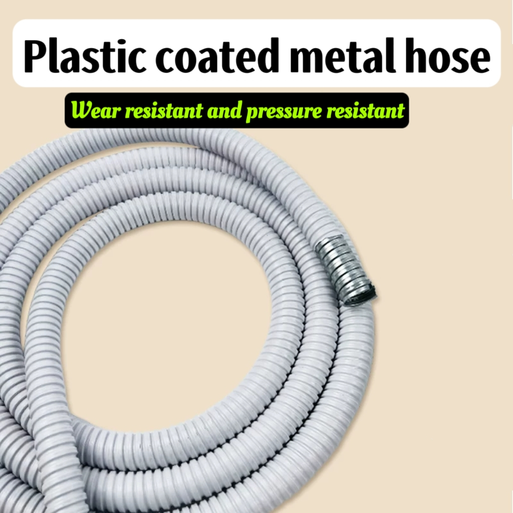 White plastic-coated metal flexible hose, wire and cable conduit ...