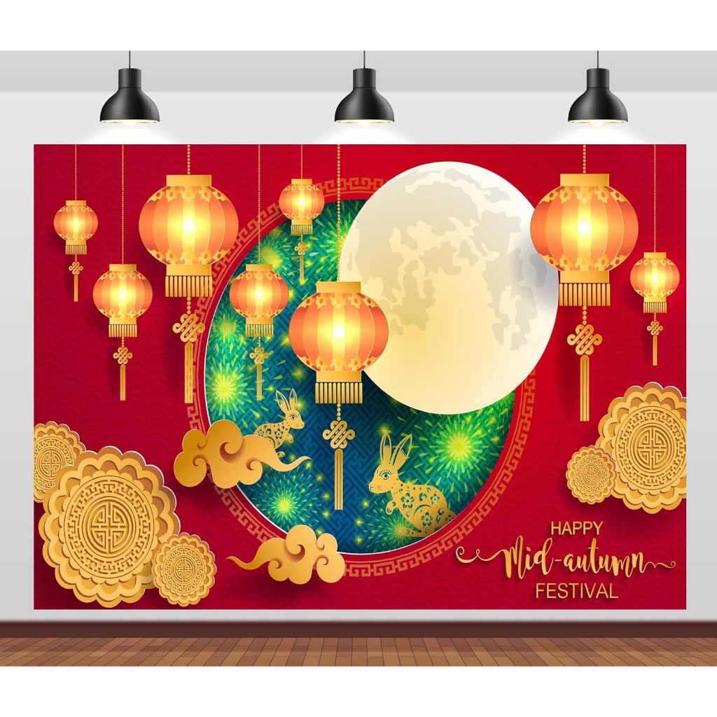 Mid-Autumn Festival Backdrop Full Moon Chinese Traditional Red Lanterns ...