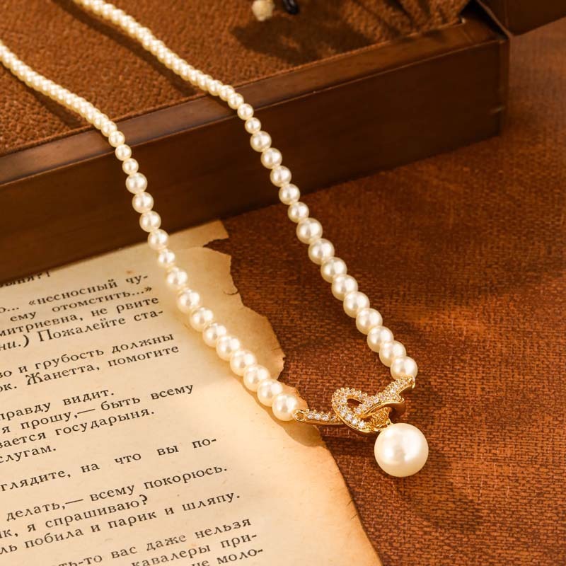 French Micro-Inlaid Knotted Pearl Necklace Elegant Shining Malaysia Hot ...