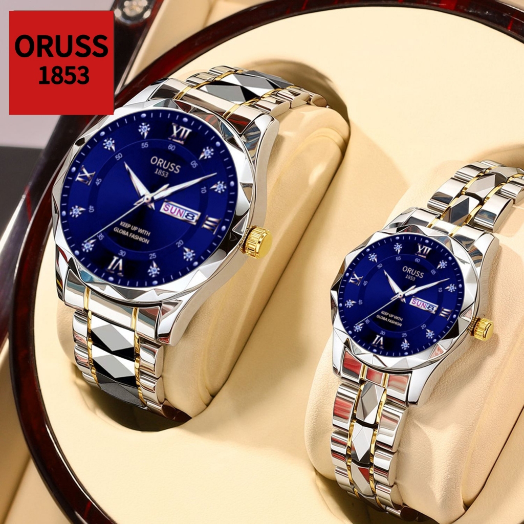 ORUSS Original Couple Dual Calendar Stainless Steel Waterproof Luxury ...