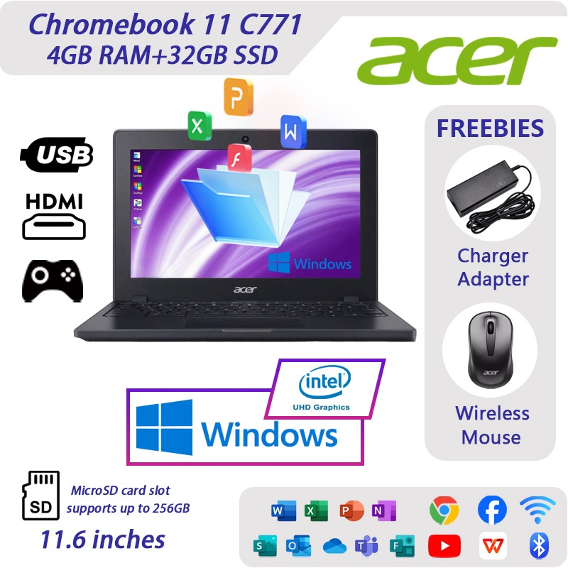 ACER C771 Chromebook 4GB RAM 32GB SSD Windows 11.6" laptop up to 320GB ...