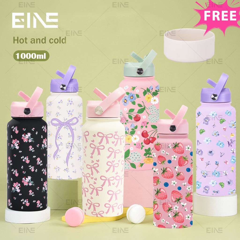 1000ml Thermos Bottle Thermos Cup with Straw Portable Flower Bow ...