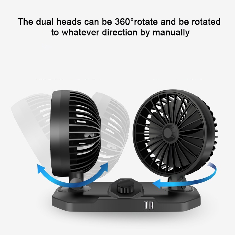 Dual Head USB Car Fan 12V/24V Rechargeable Oscillating Vehicle Fan with ...
