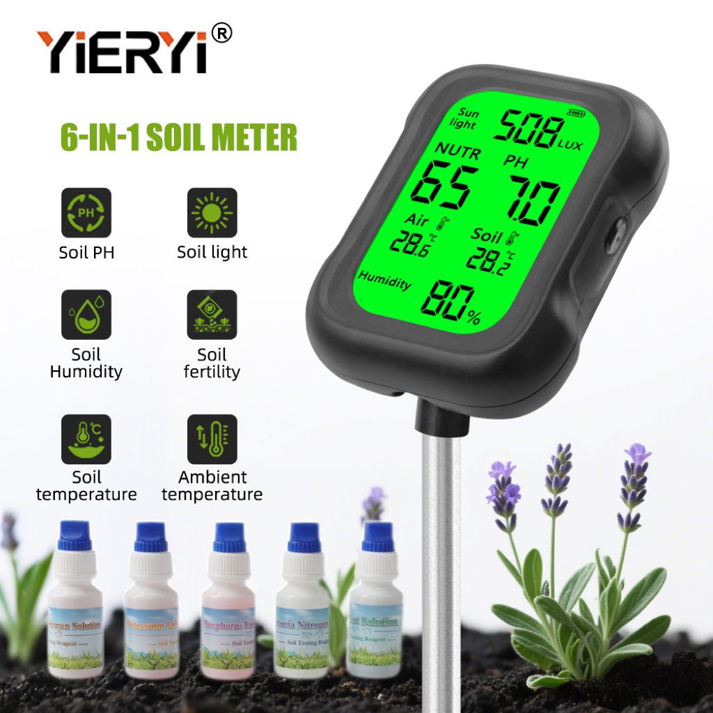 YiERYi YY-1107 6-in-1 Soil Tester Measures pH/Fertility/Temperature ...