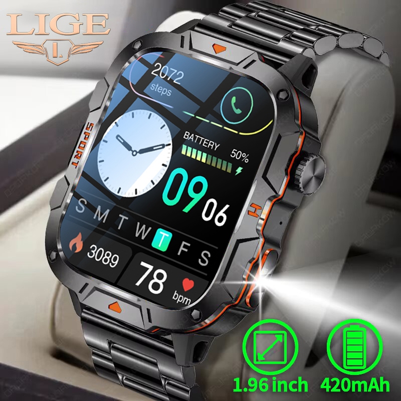 LIGE LED Flashlight Smart Watch Original Men 1.96" HD Screen With 100 ...