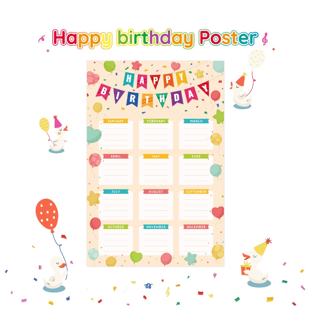 4 pcs Happy Birthday Chart Poster for Classroom ，Poster Calendar Boho ...