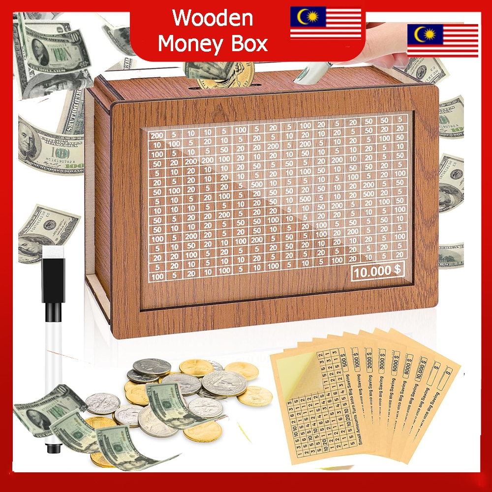 5000 Wooden Money Box Saving Planner 存錢罐 Piggy Bank with Money Target ...