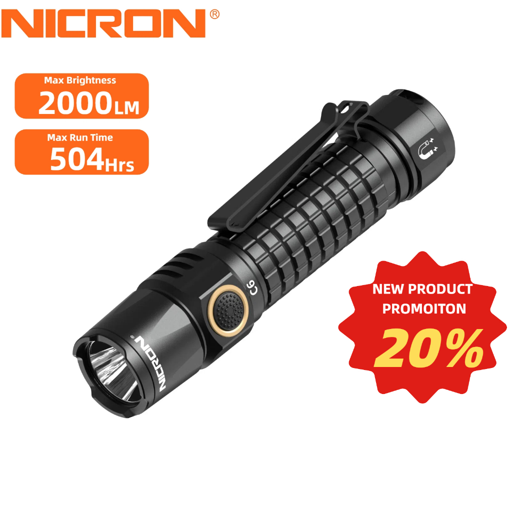NICRON C6 2000 Lumen EDC Flashlight with 379 meters Long Range Beam,USB ...