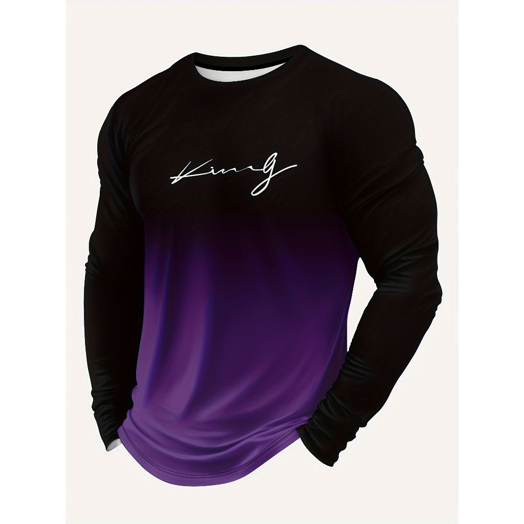 Men's Casual Long Sleeve T-Shirt - Gradient Color, Polyester, Machine ...