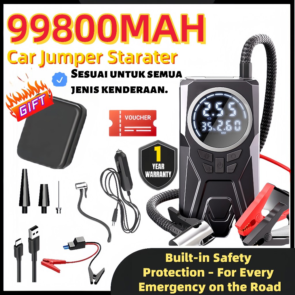 99800mAh 4 in 1 Car Emergency Jump Starter Jumper Powerbank With Air ...