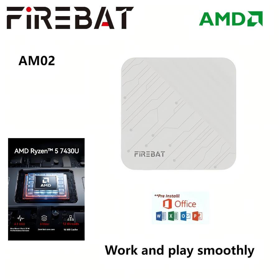 FIREBAT AM02 White Mini PC, 16GB RAM, 512GB SSD, AMD Radeon, Windows 11 ...