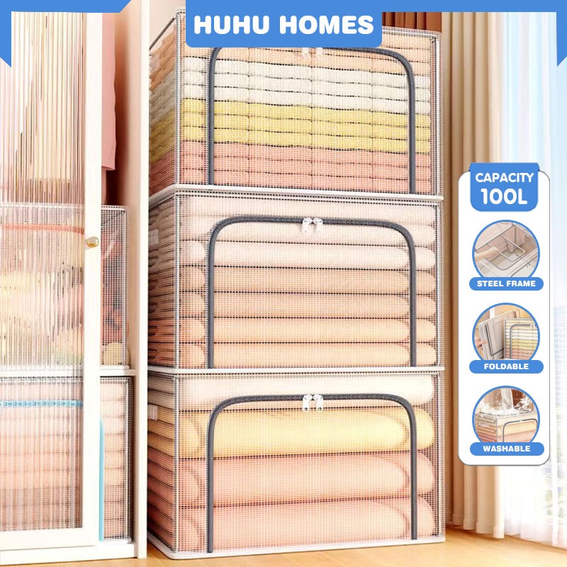 HUHU HOMES 24L/66L/100L Foldable Steel Frame Storage Box Clothes ...