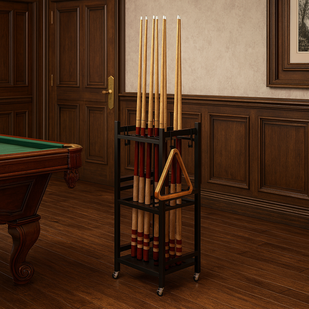 Compact Pool Cue Organizer - Rolling Stand for Multiple Cues & Ball ...