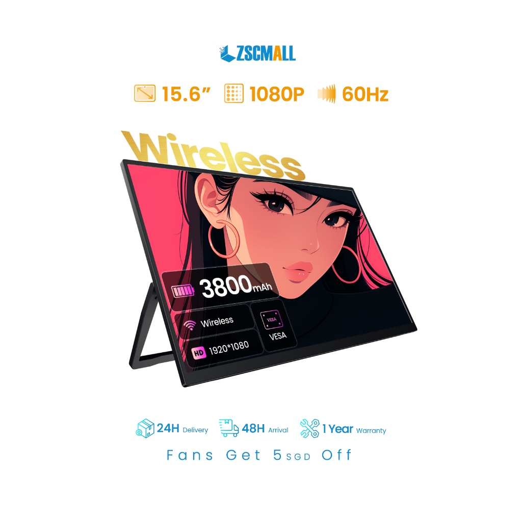 ZSCMALL 15.6 inch Wireless Portable Monitor with Built-in Battery 1080P ...