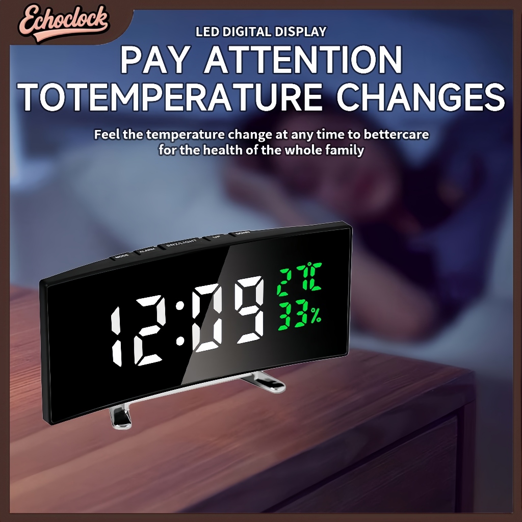 Led Curved Mirror Alarm Clock Digital Temperature Humidity Display 3 ...