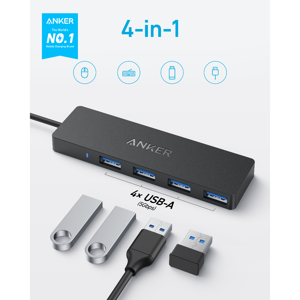 Anker 4-Port USB 3.0 Hub with 5Gbps Data Transfer, Ultra-Slim USB-C ...