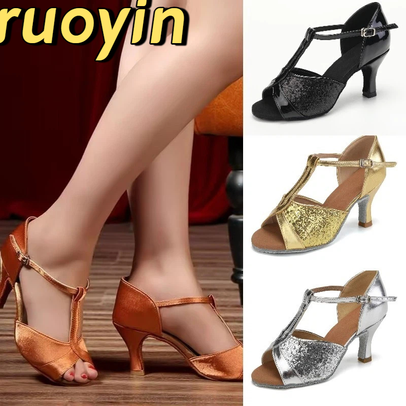 Ladies Adult Soft Bottom Sequin Cloth Medium High Heel Latin Dance ...