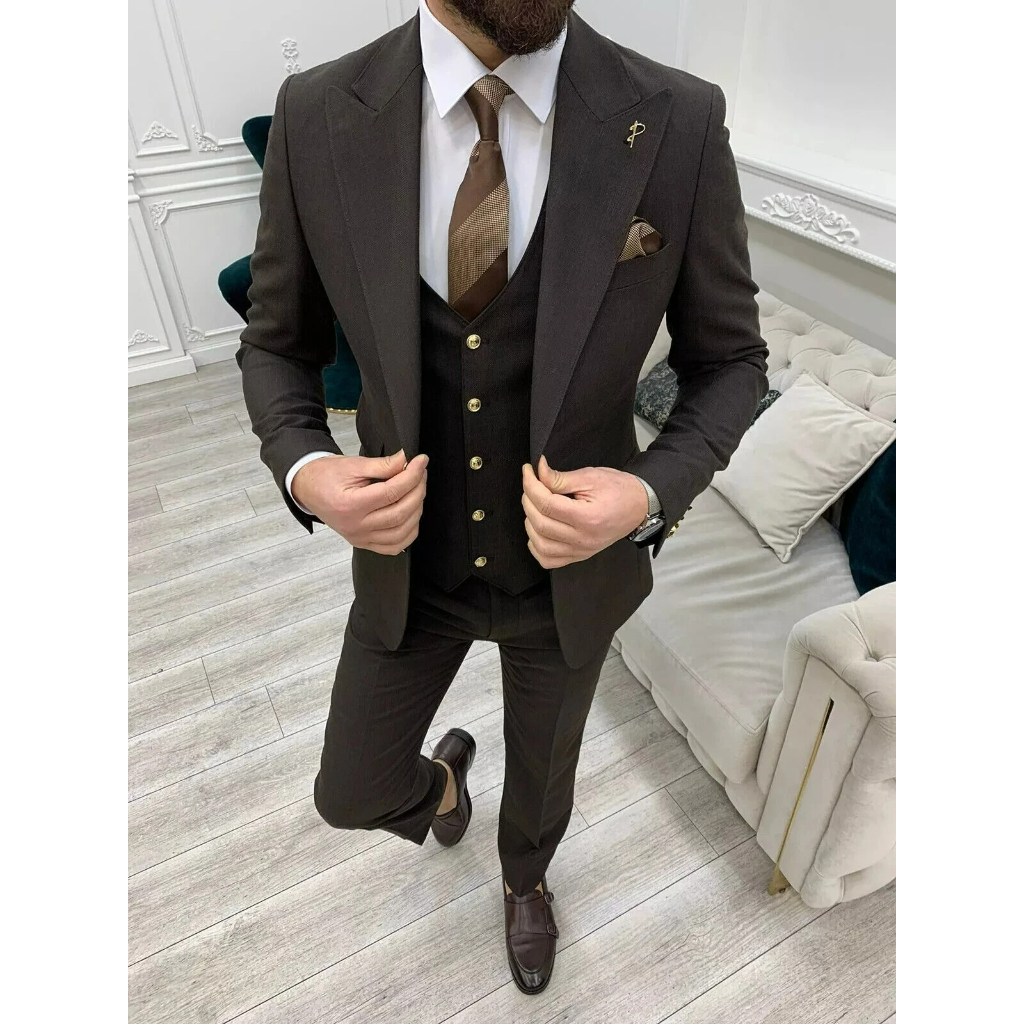 3 Piece Men Dark Brown Peak Lapel Suit Groom Tuxedos Wedding Prom ...