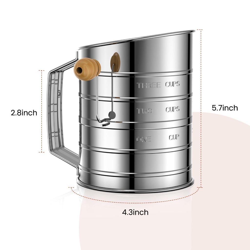 Flour Sifter for Baking, Stainless Steel 3Cup Flour Sifter with Rotary ...