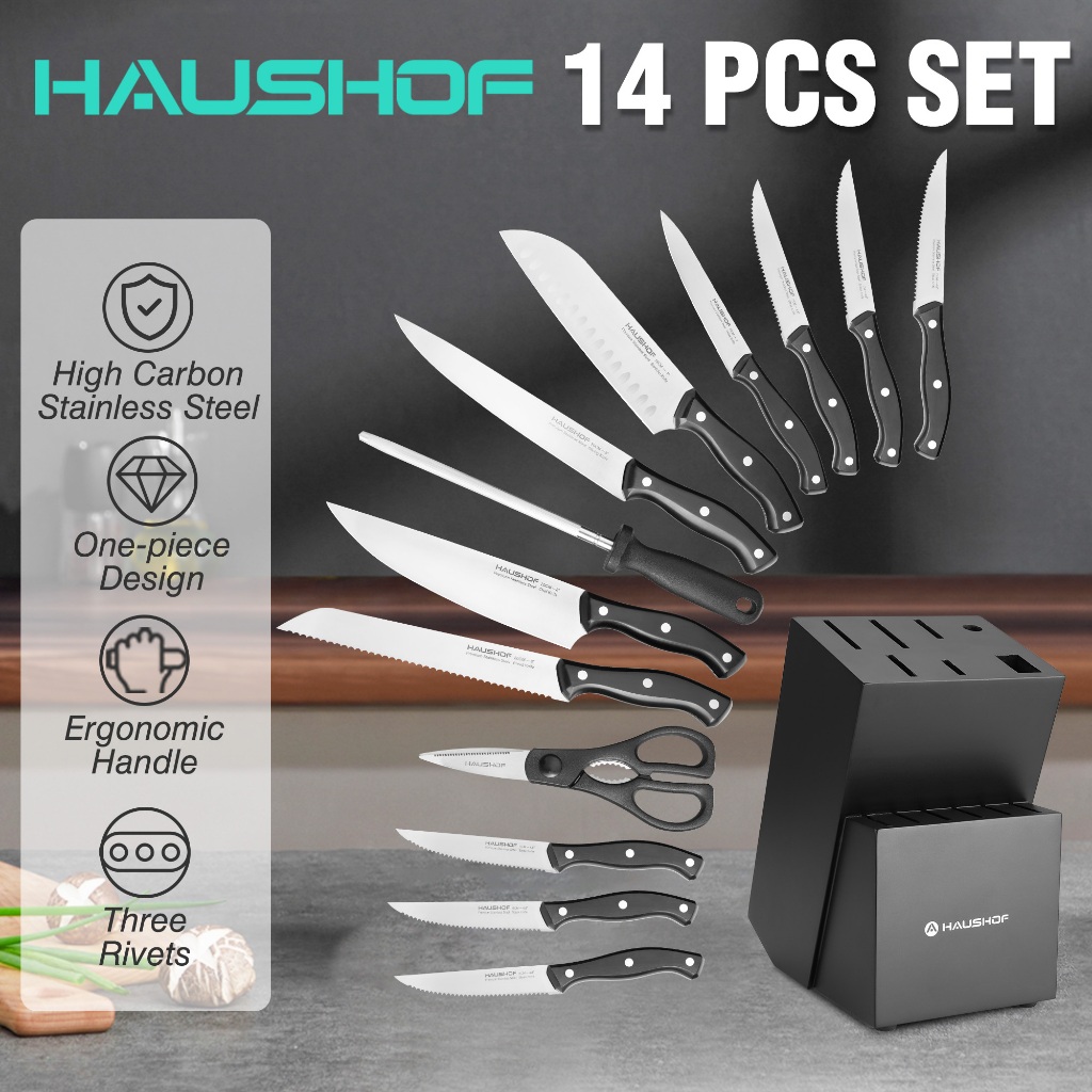 HAUSHOF 14PC Kitchen Knife Block Set Stainless Steel, Forged Triple ...