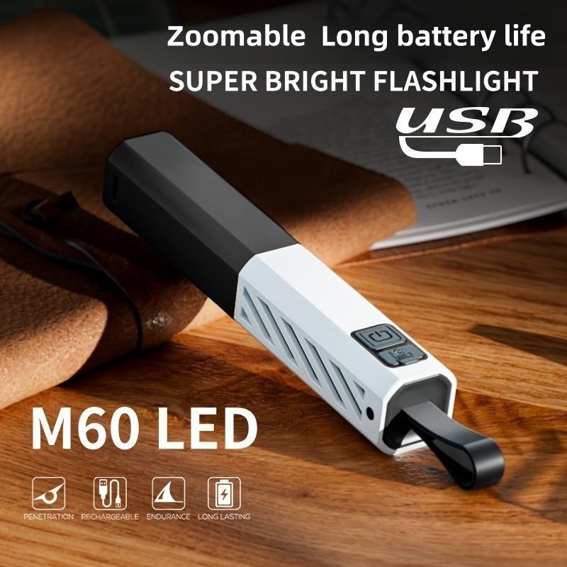 M60 LED Ultra Bright Variable Zoom Flashlight Portable 5-Mode Type-C ...