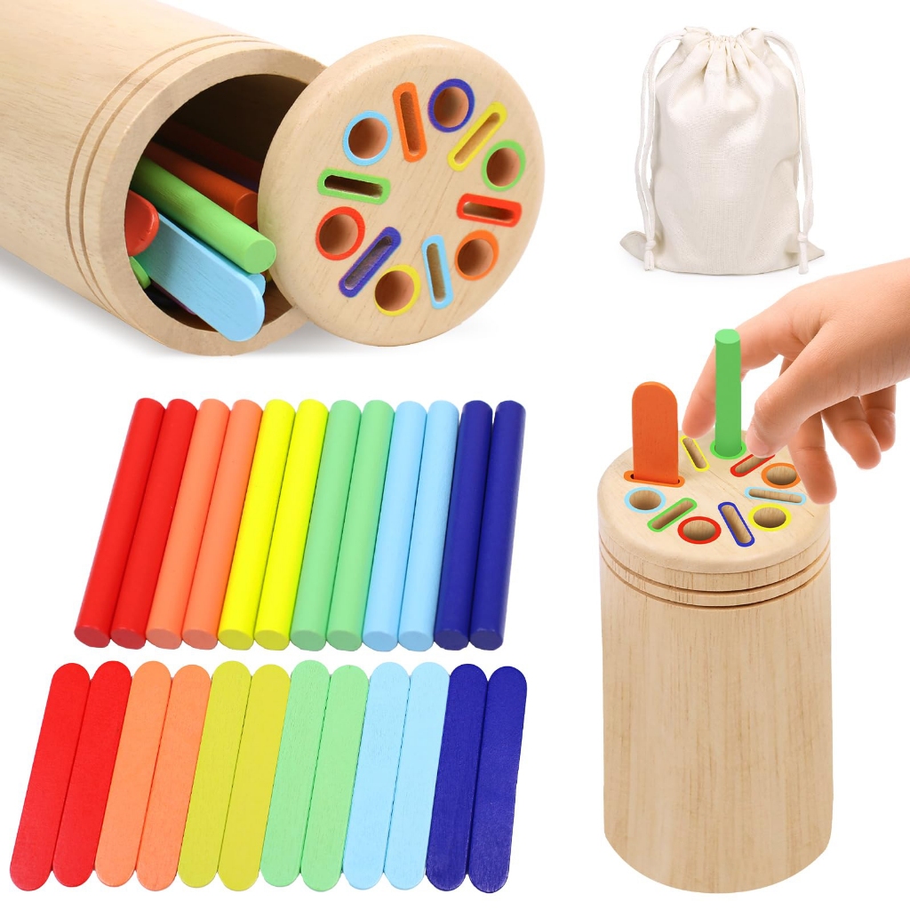 Wooden Montessori Color Sorting Toy Ice Cream Stick Round Rod 2-In-1 ...