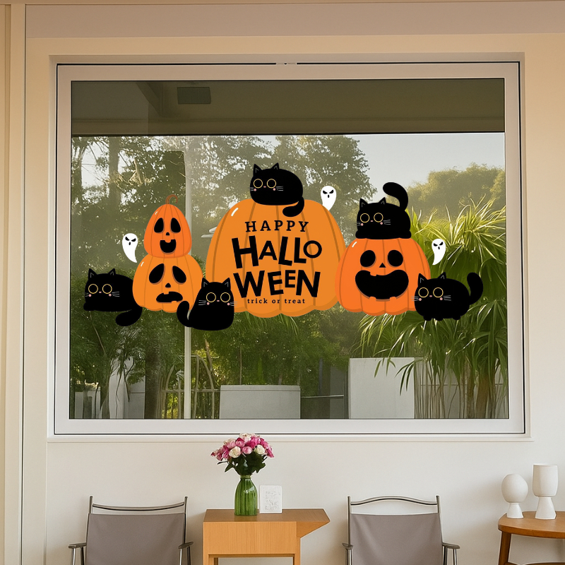 Glass Door Stickers Halloween Decoration Cartoon Cat Pumpkin Pattern ...