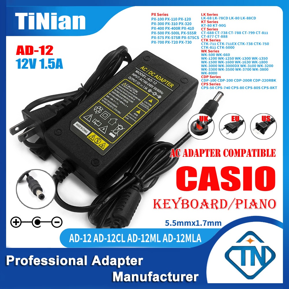 12V 1.5A AC/DC Adapter AD-12 for CASIO PX110 100 120 PX-310 WK-1500 ...