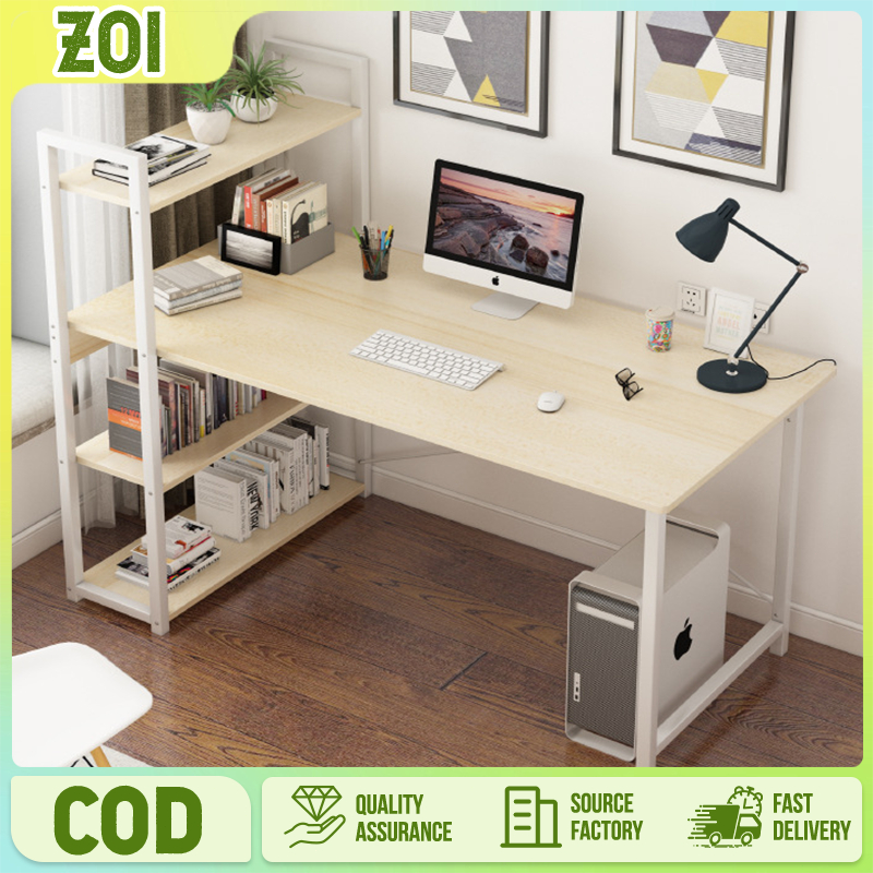 👍Meja Belajar Meja,LOFT-Study Tbale With Side Bookshelves Multipurpose ...