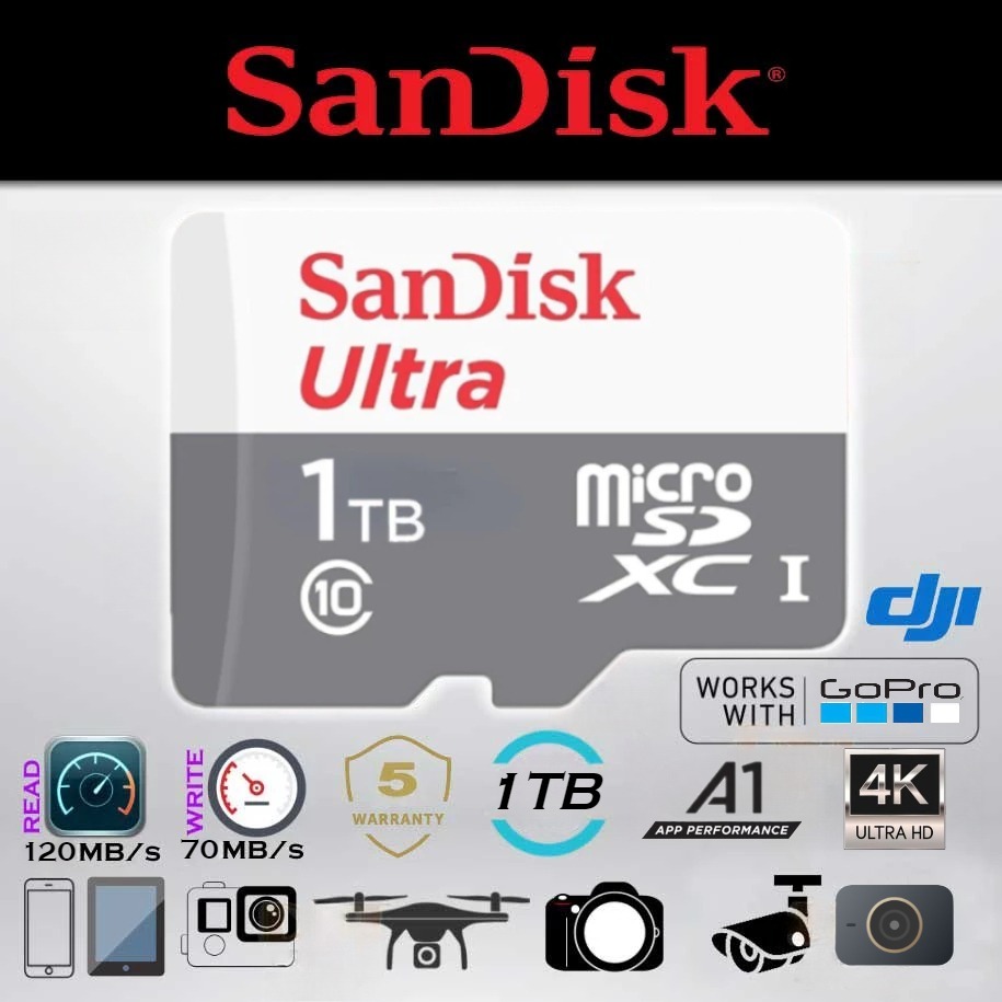 SanDisk Ultra Class 10 Micro SD Card 120MBS 100MBS (128GB/256GB/512GB ...