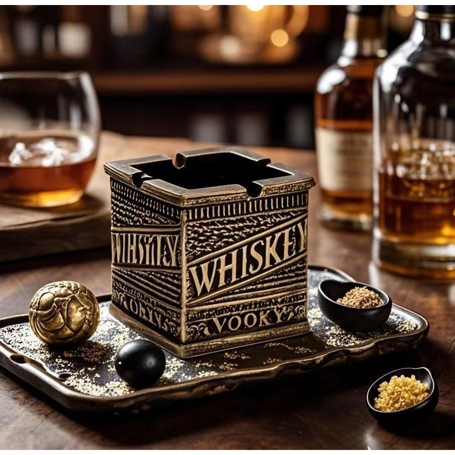 Retro Whiskey Elements Ashtray Metal Embossed Texture Square Bar Bar ...
