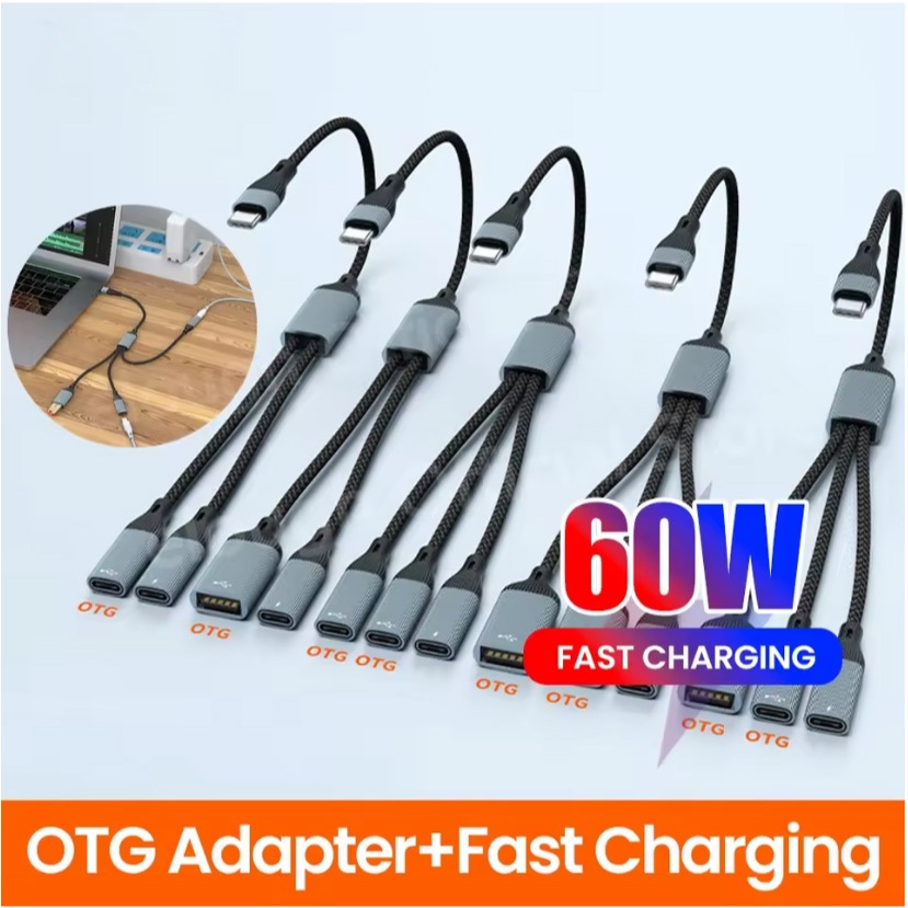 3-in-1 USB Splitter Cable Dual USB Type C OTG Adapter Charging Data ...