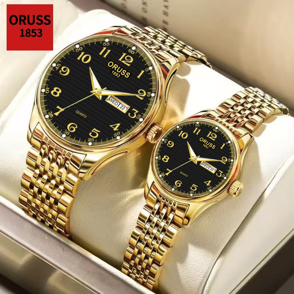 ORUSS Original Couple Dual Calendar Gold Luxury Stainless Steel ...