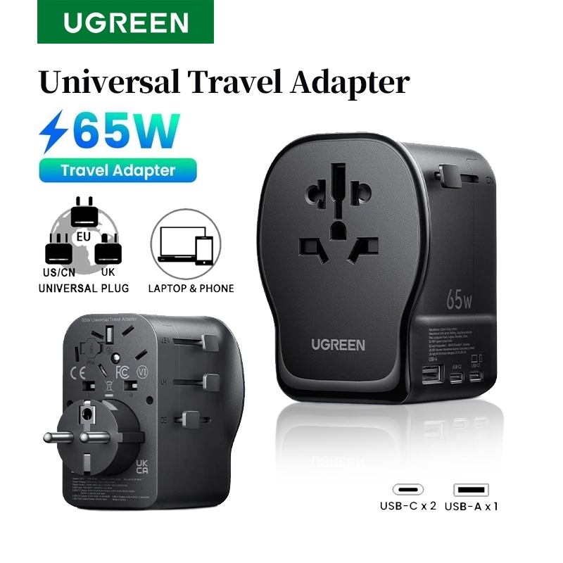 UGREEN 65W Universal Travel Adapter 2 USB-C 1 USB-A AC Socket GaN ...